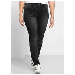 Stretch-Jeans sheego, Damen, Gr. 24, Kurzgr&ouml;&szlig;en, schwarz (schwarz denim), 37% Viskose, 34% Baumwolle, 27% Polyester, 2% Elasthan, 67% Baumwolle, 2% Elasthan, 27% Polyester, unifarben, lang, Jeans