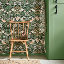 Vliestapete "Strawberry Thief", gr&uuml;n, B:0,52m L:10m, Vlies, WILLIAM MORRIS AT HOME, Tapeten, Design Tapeten