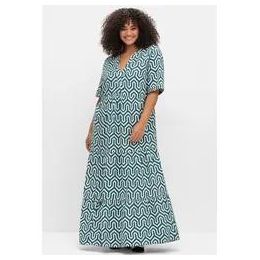 Maxikleid sheego "Maxikleid", Damen, Gr. 50, Normalgr&ouml;&szlig;en, blau (petrol, gemustert), 100% Viskose, gemustert, lang, V-Ausschnitt, Kleider Maxikleid