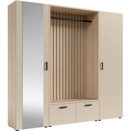 HBZ-MEBLE Garderoben-Set HBZ "Hannover Kompaktgarderobe B/H/T 210x200x45 cm", riva oak, kaschmir, B:210cm H:200cm T:45cm, Holzwerkstoff, Kastenm&ouml;bel-Sets, Breite 210cm, 4-tlg. Metallgriffe