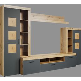 Wohnwand Home Affaire "Ghent", anthrazit mit eiche, B:331cm H:206cm T:52cm, Glas, Holzwerkstoff, Kunststoff, Kastenm&ouml;bel-Sets, Wohnwand, Mit Hirnholzapplikationen - Aufgebaut (B/T/H): 331/52/206 cm