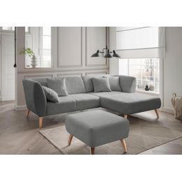 Ecksofa Home Affaire "Lazio modern und bequem, schmale Armlehnen, tolle Detailverarbeitung", grau, B:264cm H:80cm T:160cm, 100% Polyester, Sofas, Ecksofa, Holzfu&szlig;farbe w&auml;hlbar, inkl. 4x Zierkissen