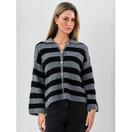Strickpullover TEESHOPPEN "TEESHOPPEN Sweater Josie", Damen, Gr. onesize, grau, schwarz, Obermaterial: 60% Polyacryl, 14% Polyamid, 10% Polyester, 8% Wolle, 8% Viskose, Pullover Strickpullover