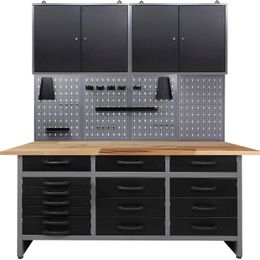 Werkstatt-Set ONDIS24, schwarz (anthrazit, schwarz, grau), B:160cm H:205cm T:60cm, Edelstahl, Werkb&auml;nke, 160 cm