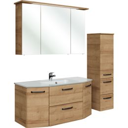 Badm&ouml;bel-Set SAPHIR "Quickset 318, mit T&uuml;rd&auml;mpfer", riviera eiche quer nachbildung, B:142cm H:200cm T:48cm, Holzwerkstoff, Kastenm&ouml;bel-Sets, Badm&ouml;bel-Set, Badezimmer-Set mit Glaswaschtisch und Midischrank