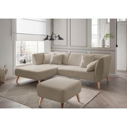 Ecksofa Home Affaire "Lazio modern und bequem, schmale Armlehnen, tolle Detailverarbeitung", beige, B:264cm H:80cm T:160cm, 100% Polyester, Sofas, Ecksofa, Holzfu&szlig;farbe w&auml;hlbar, inkl. 4x Zierkissen