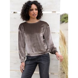 Langarmshirt Heine "Samt-Shirt", Damen, Gr. 40, grau (dunkeltaupe), 95% Polyester, 5% Elasthan, unifarben, Rundhals, Shirts Langarmshirt
