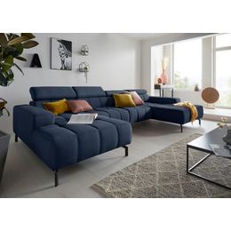 Wohnlandschaft DOMO collection "Cunelli tolle Sitzn&auml;hte als Designelement, fester Sitzkomfort, U-Form", blau (dunkelblau), B:376cm H:79cm T:175cm, Sofas, Wohnlandschaft, whlw. verstellbare Kopfteile, passend f&uuml;r g&auml;ngige Saugroboter
