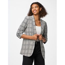 Blusenblazer Pieces "PCBOSELLA 3/4 PRINTED BLAZER NOOS", Damen, Gr. S, schwarz-wei&szlig; (schwarz aop:check), Web, Obermaterial: 98% Polyester, 2% Elasthan, gemustert, kariert, figurumspielend h&uuml;ftbedeckend, V-Ausschnitt, Blazer Blusenblazer, mit 3/4 &Auml;rmel