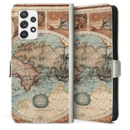 DeinDesign Galaxy A52s 5G Handy Klapph&uuml;lle Handyh&uuml;lle aus Kunst Leder wei&szlig; Flip Case Vintage Map World Map Sideflip mit Lasche