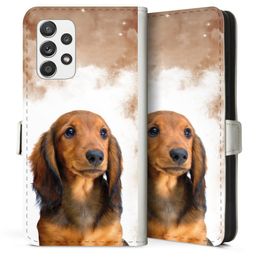 DeinDesign Galaxy A52s 5G Handy Klapph&uuml;lle Handyh&uuml;lle aus Kunst Leder wei&szlig; Flip Case Pet Dachshund Dog Sideflip mit Lasche