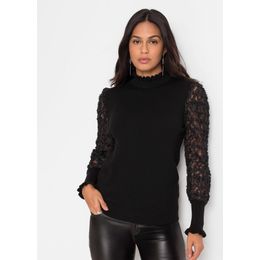 Stehkragenpullover bonprix "Rollkragenpullover aus flie&szlig;endem Viskose-Mix", Damen, Gr. 36/38 (S), schwarz, Feinstrick, Obermaterial: 50% Viskose, 28% Polyester, 22% Polyamid, unifarben, bequem h&uuml;ftbedeckend, hoch geschlossener Ausschnitt, extrabreites B&uuml;ndchen, Pullover Stehkragenpullover, Viskose-Mix, Kragen + &Auml;rmel mit gewellter Kante, transparente &Auml;rmel