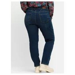 Stretch-Jeans sheego, Damen, Gr. 27, Kurzgr&ouml;&szlig;en, blau (dunkelblau denim), 99% Baumwolle, 1% Elasthan, unifarben, lang, Jeans