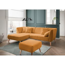 Ecksofa Home Affaire "Lazio modern und bequem, schmale Armlehnen, tolle Detailverarbeitung", gold, B:264cm H:80cm T:160cm, 100% Polyester, Sofas, Ecksofa, Holzfu&szlig;farbe w&auml;hlbar, inkl. 4x Zierkissen