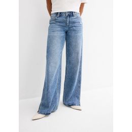 bonprix Wide-Leg-Jeans Mid Waist Low Stretch, blau, Gr.44, Straight-Jeans Mid Waist mit Nieten an der Seitennaht, 100% Baumwolle