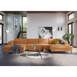 Wohnlandschaft DOMO collection "Modica U-Form aktuelles, kubisches Design mit 2 Recamieren, viel Platz", orange (pfirsich), B:438cm H:83cm T:173cm, Sofas, Wohnlandschaft, XXL, auch in Cord, Fu&szlig;h&ouml;he passend f&uuml;r g&auml;ngige Saugroboter