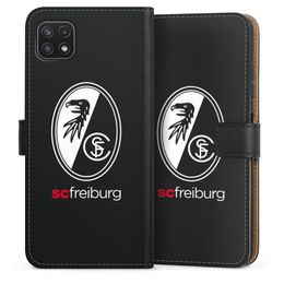 DeinDesign Galaxy A22 5G Handy Klapph&uuml;lle Handyh&uuml;lle aus Kunst Leder schwarz Flip Case Sc Freiburg Official Licensed Product Coat Of Arms Sideflip mit langer 