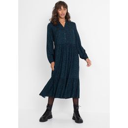 bonprix Midikleid aus Viskose, petrol, Gr.36, Langes Blusenkleid mit Leomuster aus flie&szlig;ender Viskose, aus Viskose