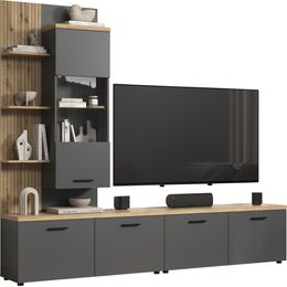 Wohnwand Home Affaire "Bajo", anthrazit, evoke eiche, B:240cm H:212cm T:40cm, Glas, Holzwerkstoff, Kunststoff, Kastenm&ouml;bel-Sets, Wohnwand, Set bestehend aus: 2x TV-Lowboards, 1x H&auml;ngevitrine