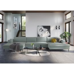Wohnlandschaft DOMO collection "Modica U-Form aktuelles, kubisches Design mit 2 Recamieren, viel Platz", blau (t&uuml;rkis), B:438cm H:83cm T:173cm, Sofas, Wohnlandschaft, XXL, auch in Cord, Fu&szlig;h&ouml;he passend f&uuml;r g&auml;ngige Saugroboter