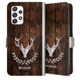 DeinDesign Galaxy A52s 5G Handy Klapph&uuml;lle Handyh&uuml;lle aus Kunst Leder wei&szlig; Flip Case Wooden Look Deer Wood Sideflip mit Lasche
