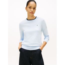 Rundhalspullover Tommy Hilfiger "CO JERSEY STITCH LS C-NK SWT", Damen, Gr. XS (34), blau (breezy blau), Strick, Obermaterial: 67% Baumwolle, 33% Polyamid, unifarben, normal h&uuml;ftlang, Rundhals, B&uuml;ndchen, Pullover Rundhalspullover, mit Logostickerei