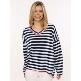 Sweatshirt Zwillingsherz "Neon Streifen", Damen, navy, Web, Obermaterial: 50% Baumwolle, 50% Polyester, gestreift, kontrastfarbene Details, mehrfarbig, bequem h&uuml;ftlang, V-Ausschnitt, offene Kante kontrastfarben, Sweatshirts Sweatshirt, offene Kanten f&uuml;r Used-Look, One-Size, Kontrastnaht, V-Neck