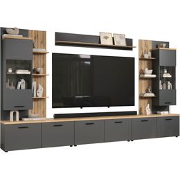 Wohnwand Home Affaire "Bajo", anthrazit, evoke eiche, B:360cm H:212cm T:40cm, Glas, Holzwerkstoff, Kunststoff, Kastenm&ouml;bel-Sets, Wohnwand, Set bestehend aus: 3x TV-Lowboards, 2x H&auml;ngevitrinen, 1x Wandboard