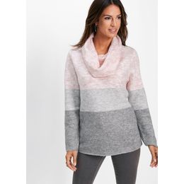 Rollkragenpullover bonprix "Rollkragenpullover", Damen, Gr. 52/54 (XXL), rosa (zartrosa, grau meliert gestreift), Strick, Obermaterial: 68% Polyacryl, 30% Polyester, 2% Elasthan, meliert, loose fit Po-bedeckend, Rundhals, Strickb&uuml;ndchen, Pullover Rollkragenpullover, mit Elasthan-Anteil, mit Wasserfallkragen, lockere Passform