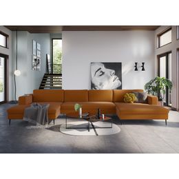 Wohnlandschaft DOMO collection "Modica U-Form aktuelles, kubisches Design mit 2 Recamieren, viel Platz", gelb (curry), B:438cm H:83cm T:173cm, Sofas, Wohnlandschaft, XXL, auch in Cord, Fu&szlig;h&ouml;he passend f&uuml;r g&auml;ngige Saugroboter