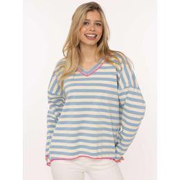 Sweatshirt Zwillingsherz "Neon Streifen", Damen, hellblau, Web, Obermaterial: 50% Baumwolle, 50% Polyester, gestreift, kontrastfarbene Details, mehrfarbig, bequem h&uuml;ftlang, V-Ausschnitt, offene Kante kontrastfarben, Sweatshirts Sweatshirt, offene Kanten f&uuml;r Used-Look, One-Size, Kontrastnaht, V-Neck