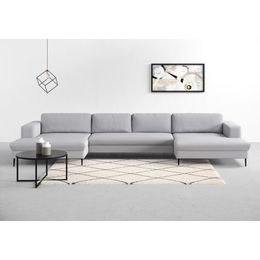 Wohnlandschaft DOMO collection "Modica U-Form aktuelles, kubisches Design mit 2 Recamieren, viel Platz", silber, B:438cm H:83cm T:173cm, Sofas, Wohnlandschaft, XXL, auch in Cord, Fu&szlig;h&ouml;he passend f&uuml;r g&auml;ngige Saugroboter