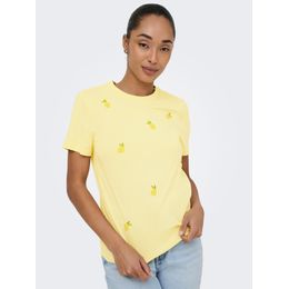 T-Shirt Only "ONLKITA S/S PEARL TOP BOX JRS", Damen, Gr. L, sunlight aop:lemon, Jersey, Obermaterial: 100% Baumwolle, bedruckt, regular fit normal, Rundhals, Shirts T-Shirt, Baumwolle, regular fit, Rundhals