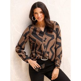 Langarmbluse Classic Basics, Damen, Gr. 38, braun (braun, schwarz, bedruckt), 100% Polyester, gemustert, mehrfarbig, Rundhals, Blusen