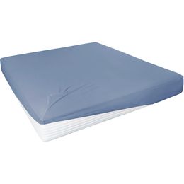 Spannbettlaken Primera "Elasthan-Feinjersey", blau (rauchblau), 1 Stk., Jersey-Elasthan, 140-160x200-220 28cm, Jersey-Elasthan, Obermaterial: 95% Baumwolle, 5% Elasthan, Bettlaken, Spannbettlaken, PREMIUM, aus 95% gek&auml;mmter Baumwolle und 5% Elasthan, bis 28 cm H&ouml;he