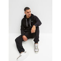 bonprix Jogginganzug (2-tlg. Set) aus reiner Baumwolle, schwarz, Gr.44/46 (S), Toller Jogginganzug mit einer kleinen Stickerei auf dem Sweatshirt und auf der Jogginghose, Sweatshirt mit K&auml;ngurutasche, maschinenwaschbar, aus 100% Baumwolle