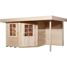 Gartenhaus Weka "Designhaus 213 Plus", beige (naturbelassen), Fu&szlig;boden im Gartenhaus, R&uuml;ckwand, ohne Dacheindeckung, Massivholz, Gartenh&auml;user, Gartenhaus, mit Anbaudach und R&uuml;ckwand