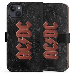 DeinDesign iPhone 14 Plus Handy Klapph&uuml;lle Handyh&uuml;lle aus Kunst Leder schwarz Flip Case Acdc Logo Merchandise Sideflip mit langer Lasche