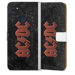 DeinDesign Galaxy A21s Handy Klapph&uuml;lle Handyh&uuml;lle aus Kunst Leder wei&szlig; Flip Case Acdc Merchandise Logo Sideflip mit Lasche