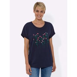 Rundhalsshirt Classic Basics "Shirt", Damen, Gr. 44, blau (nachtblau, bedruckt), 100% Baumwolle, gebl&uuml;mt, unifarben, Rundhals, Shirts Rundhalsshirt