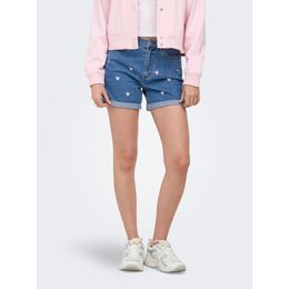 Jeansshorts Only "ONLVEGA HW EMBROIDERY DNM SHORTS GUANOOS", Damen, Gr. XL, N-Gr, medium blau denim, Denim/Jeans, Obermaterial: 100% Baumwolle, bestickt, unifarben, kurz, Jeans Jeansshorts, Baumwolle, High Waist
