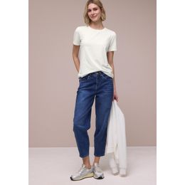 Kurzarmshirt Street One, Damen, Gr. 38, sanftes wei&szlig;, Jersey, Obermaterial: 61% Polyester, 31% Viskose, 5% Elasthan, 3% metallisierte Fasern, gestreift, regular fit h&uuml;ftbedeckend, Rundhals, abgesteppte Kante, Shirts, Sommershirt mit Rundhals und Glitzerstreifen