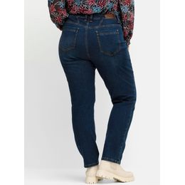 Stretch-Jeans sheego, Damen, Gr. 27, Kurzgr&ouml;&szlig;en, blau (dunkelblau denim), 99% Baumwolle, 1% Elasthan, unifarben, lang, Jeans