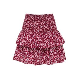 Minirock Only "ONLZOEY LAYRED SKIRT WVN NOOS", Damen, Gr. S, syrah aop:zoey flower, Web, Obermaterial: 100% Baumwolle, bedruckt, kurz, R&ouml;cke Minirock, Baumwolle, gesmoktes Taillenb&uuml;ndchen, Volant
