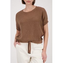 Ajourpullover monari "Pullover Basic Schmuck", Damen, Gr. 36, braun, Strick, Obermaterial: 100% Baumwolle, unifarben, regular fit taillenbedeckt, Rundhals, angeschnitten Rippstrickb&uuml;ndchen, Pullover, Regular fit mit Strasssteinen