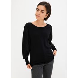 Strickpullover bonprix "Feinstrickpullover aus flie&szlig;endem Viskose-Mix", Damen, Gr. 44/46 (L), schwarz, Feinstrick;Web, Obermaterial: 80% Viskose, 20% Polyamid, unifarben, bequem h&uuml;ftbedeckend, Rundhals, weit extrabreites B&uuml;ndchen, Pullover Strickpullover, im tollen Viskose-Mix, mit weiten, extravaganten Plissee&auml;rmeln, bequem