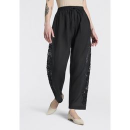 Schlupfhose BOSS Orange "Trika Premium Damenmode", Damen, Gr. 36, N-Gr, schwarz 001, Web, Obermaterial: 100% Ramie, unifarben, gerade, unten schmal kn&ouml;chellang, Hosen Schlupfhose, mit dekorativer Lochstickerei, Barrel Shape