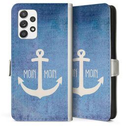 DeinDesign Galaxy A52s 5G Handy Klapph&uuml;lle Handyh&uuml;lle aus Kunst Leder wei&szlig; Flip Case Anchor Maritim Blue Sideflip mit Lasche