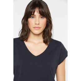V-Shirt SENSES.THE LABEL, Damen, Gr. L, schwarz (night navy), Single Jersey, Material: 100% Baumwolle, Strukturmuster, regular fit kurz, V-Ausschnitt, eingesetzt gerader Abschluss, Shirts, aus Baumwolle