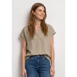 Kurzarmbluse Street One, Damen, Gr. 34, timeless beige, Stoff, 100% Viskose, unifarben, normal normal, Rundhals, abgesteppt, Blusen, mit geschlitztem Rundhalsausschnitt